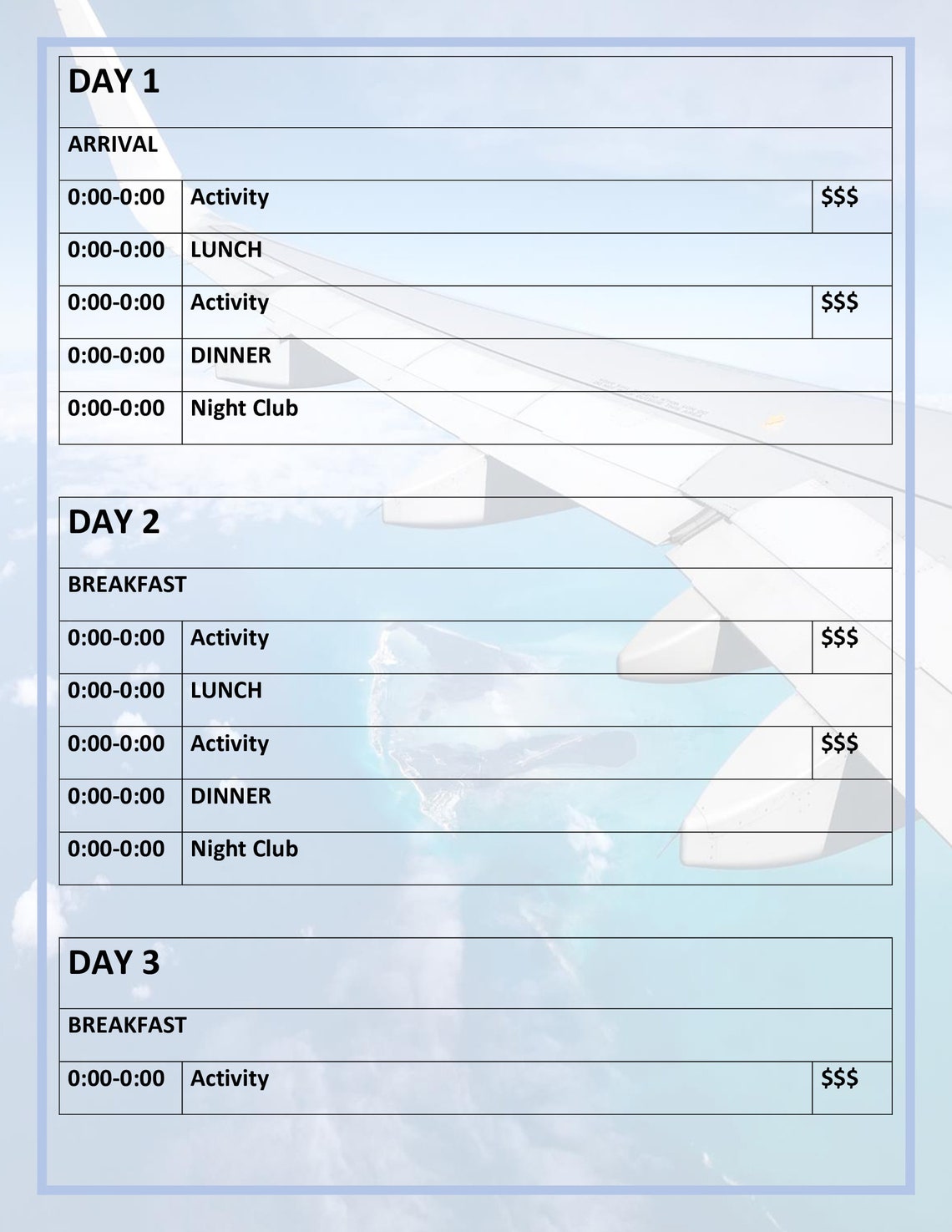 Printable 4-day Travel Itinerary Template (instant Download) - Etsy