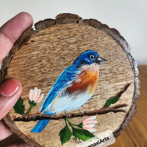 Wood Slice Blue Bird Acrylic Painting Hand Painted on Wood With Easel ...