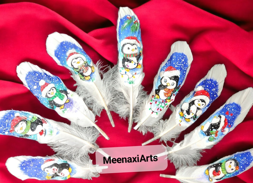 Painted Feather Christmas Penguins Unique Holiday Ornament - Etsy Canada
