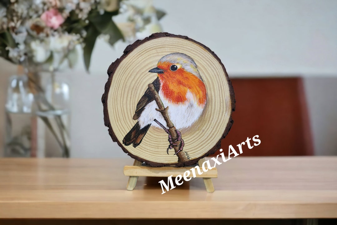 Bird Painting on Wood Slice Robin on Branch Painting Hand Painted Gift ...