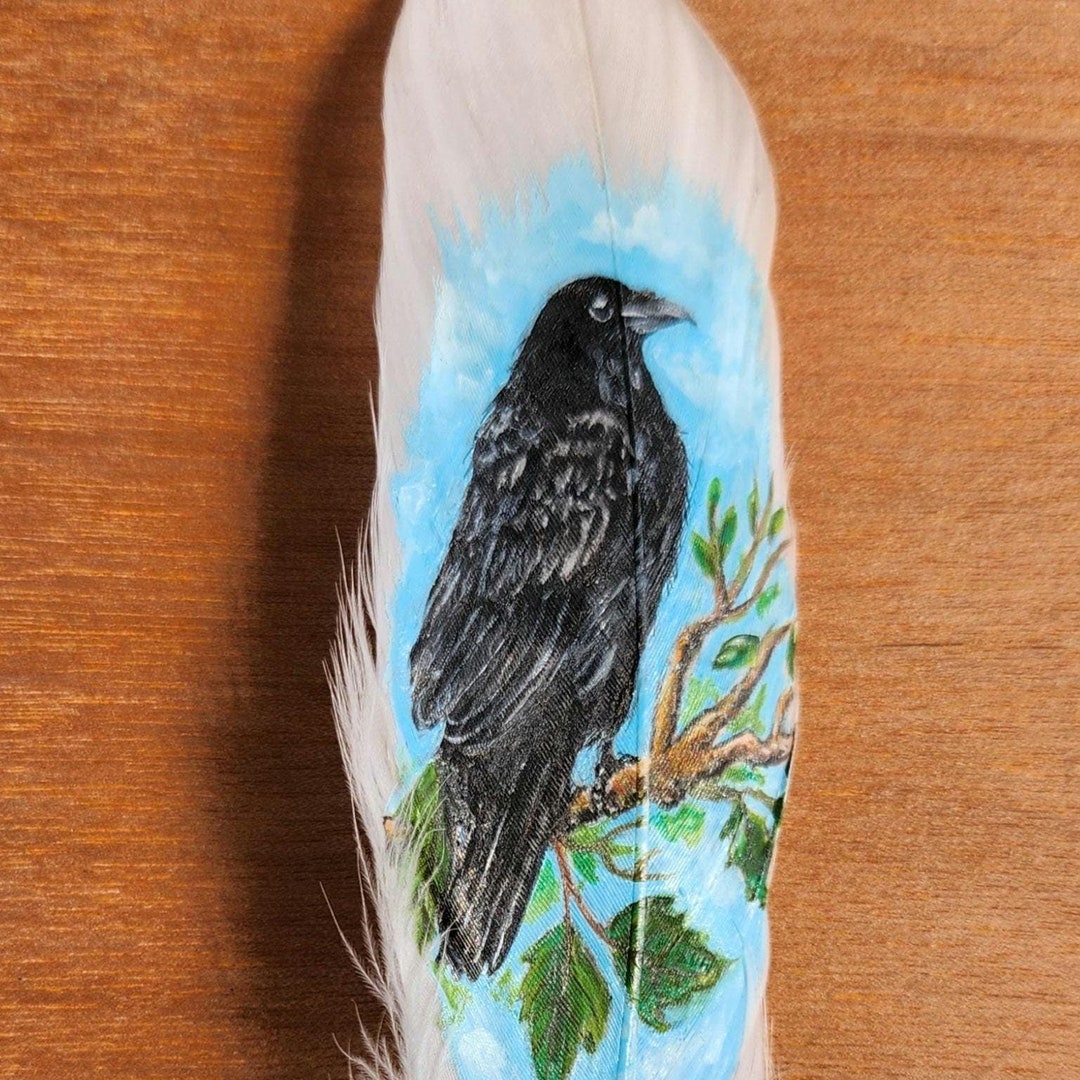 Painted Feather Raven Bird Art Hand Painted Feather Decor Unique Nature ...