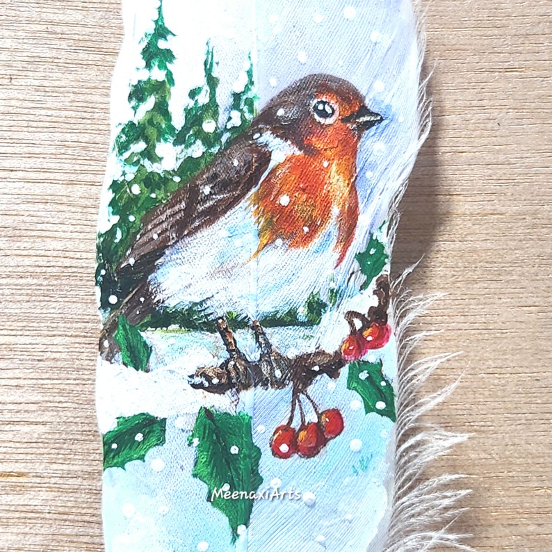 Hand-painted Feather Art: Robin Bird Acrylic Micro Painting - Etsy