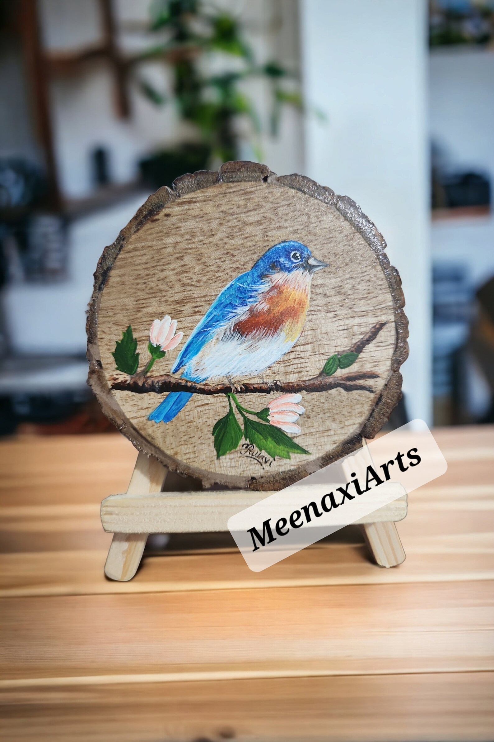 Wood Slice Blue Bird Acrylic Painting Hand Painted on Wood With Easel ...