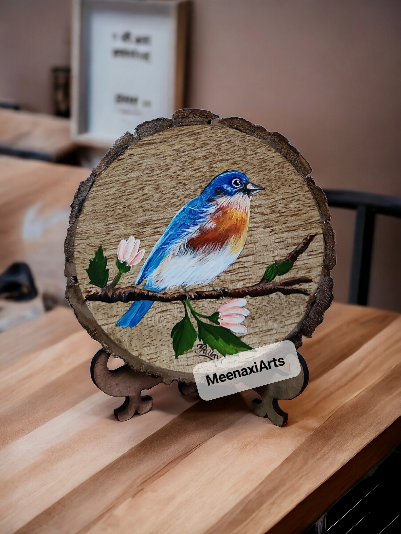 Wood Slice Blue Bird Acrylic Painting Hand Painted on Wood With Easel ...