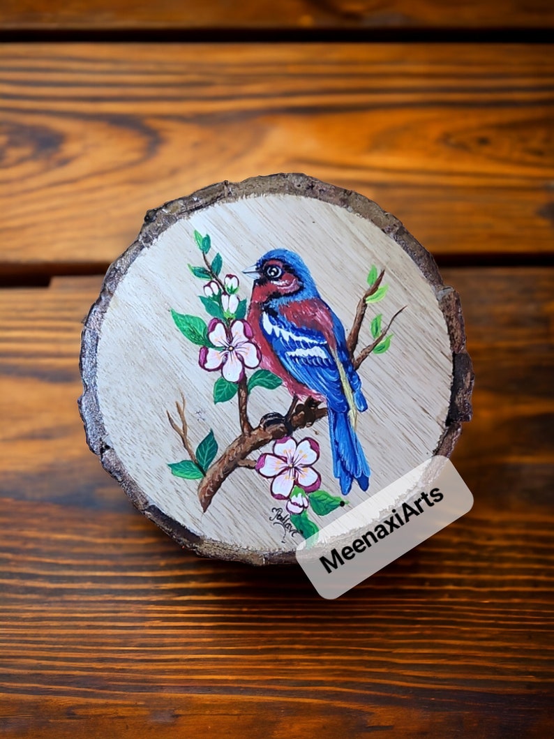 Hand-painted Bird Wood Slice Art: Rustic Tabletop Decor - Etsy