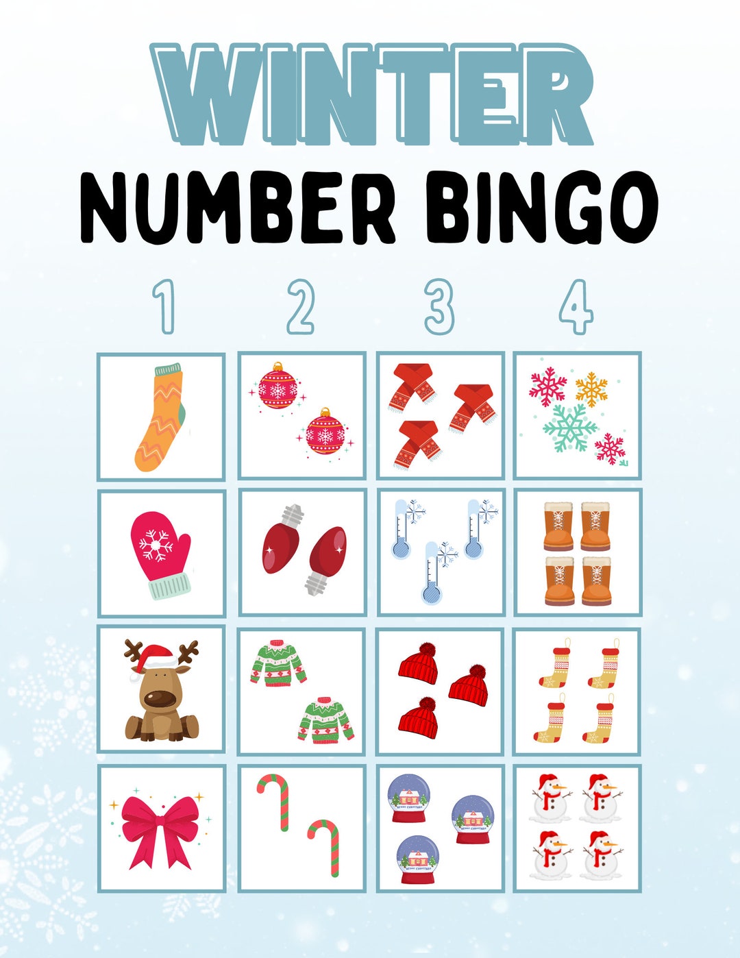 DIGITAL Winter Number Bingo Family Bingo Night Counting - Etsy