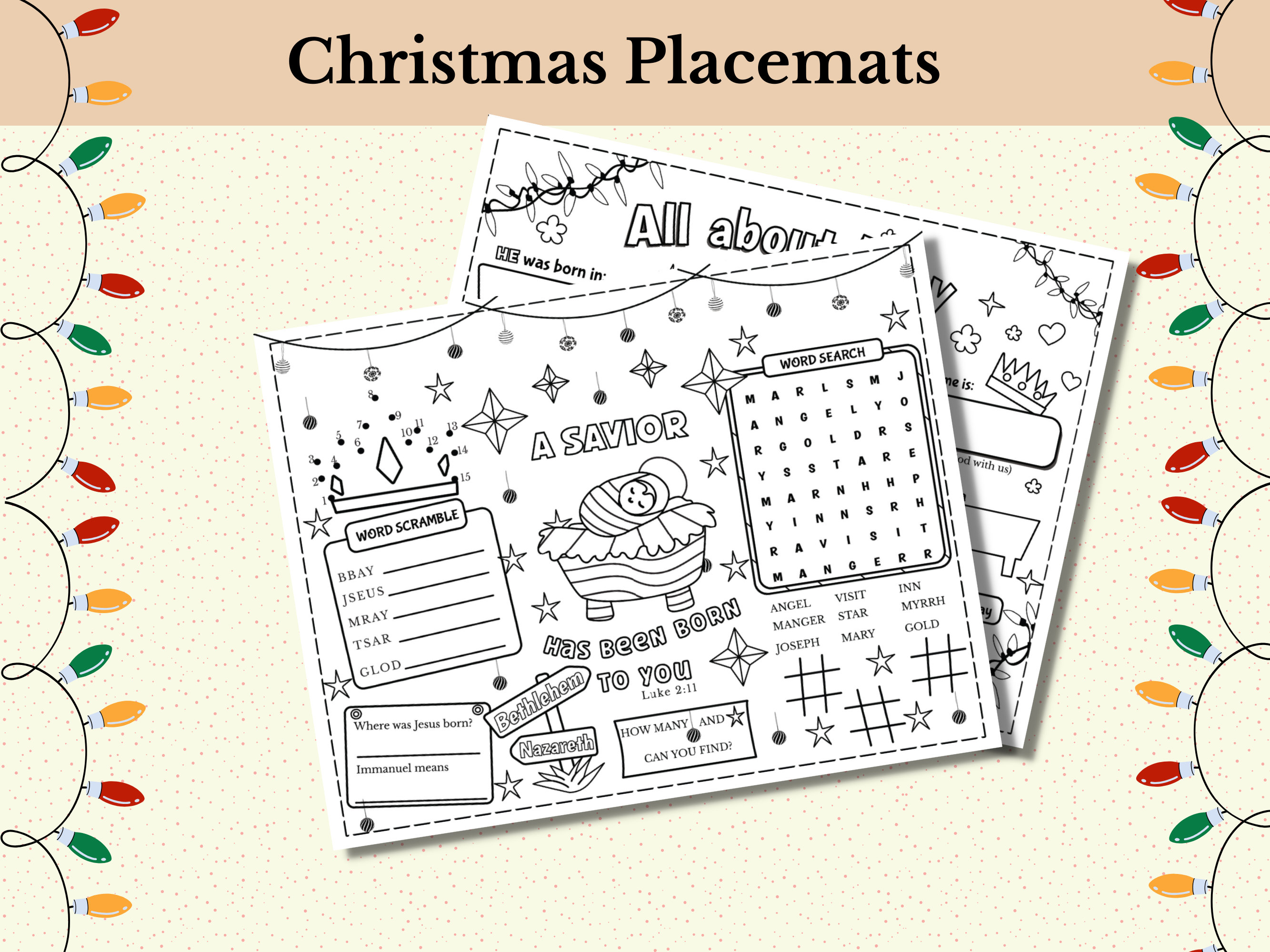 Christmas Nativity Coloring and Activity Placemat / Sheets With ...