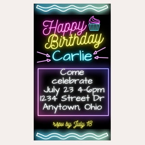 Neon Birthday Template, Digital Birthday Template, Editable Birthday ...