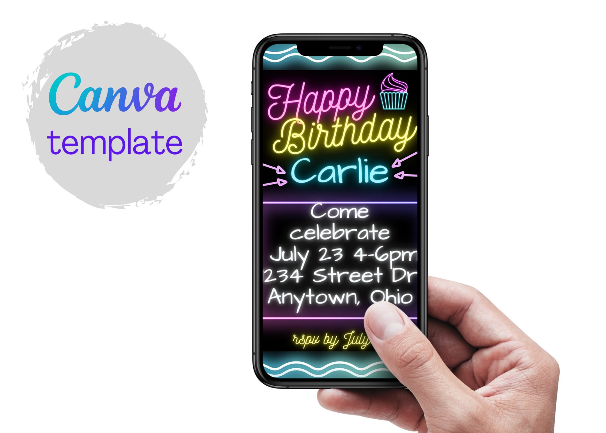 Neon Birthday Template Digital Birthday Template Editable - Etsy