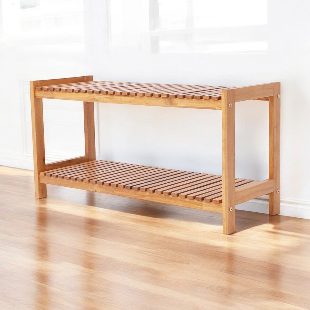 2 Tier Acacia Wood Shoe Rack, Natural Shoe Storage Shelf for Entryway ...