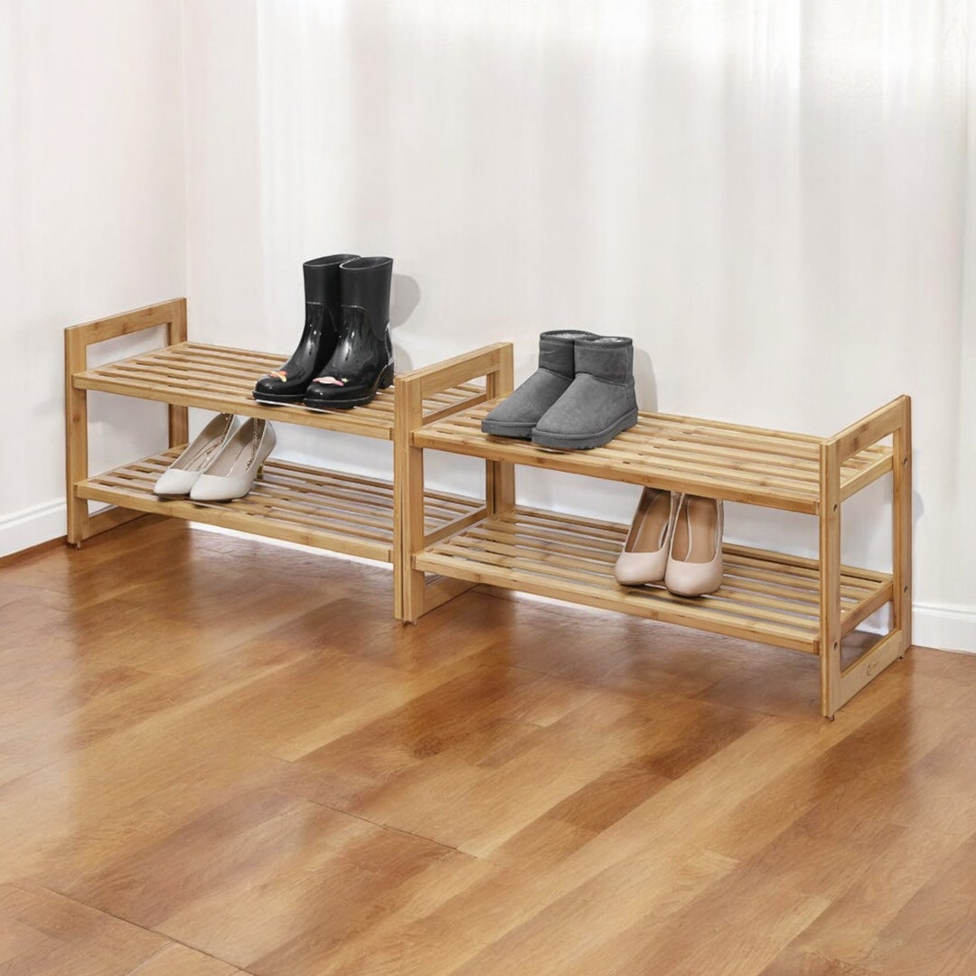 Wooden Shoe Rack, 2 Tier Stackable Bamboo Shoe Rack, Entryway Organizer ...