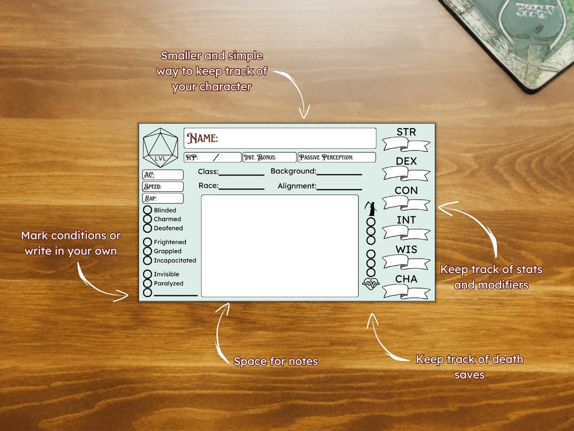 Simple Dnd Player Card Sheet Tracker for Player Character or DM ...
