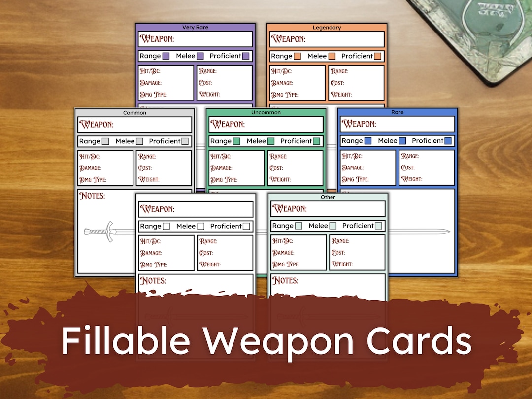 Dnd Weapon Cards - Dungeons and Dragons Fillable Printable PDF - Player ...