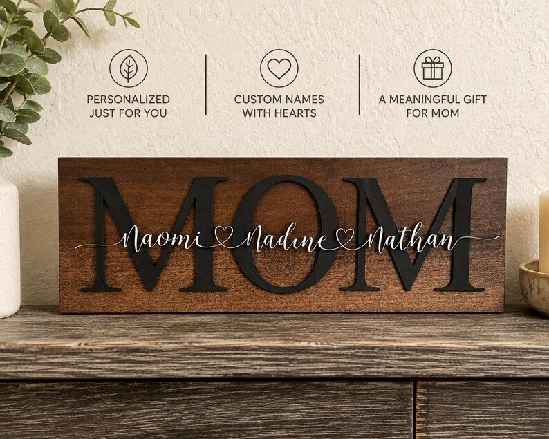 Personalized MOM Sign | Custom Family Name Wood Sign | Mother’s Day ...