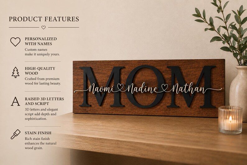 Personalized MOM Sign | Custom Family Name Wood Sign | Mother’s Day ...