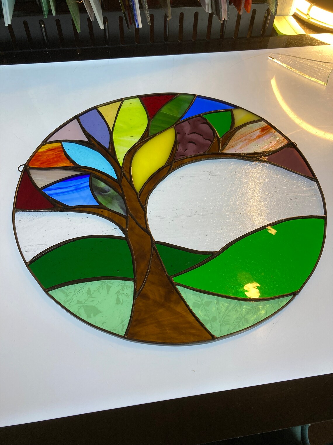 Tree Stained Glass Round Window Panel Suncatcher Multicolored Glass ...