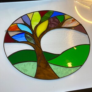 Tree Stained Glass Round Window Panel Suncatcher Multicolored Glass ...