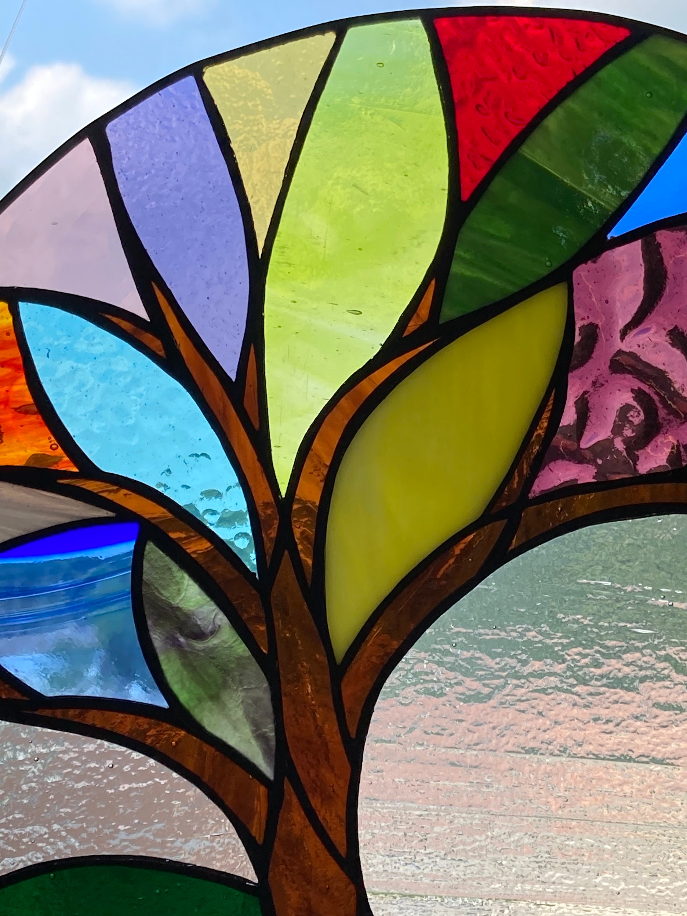 Tree Stained Glass Round Window Panel Suncatcher Multicolored Glass ...