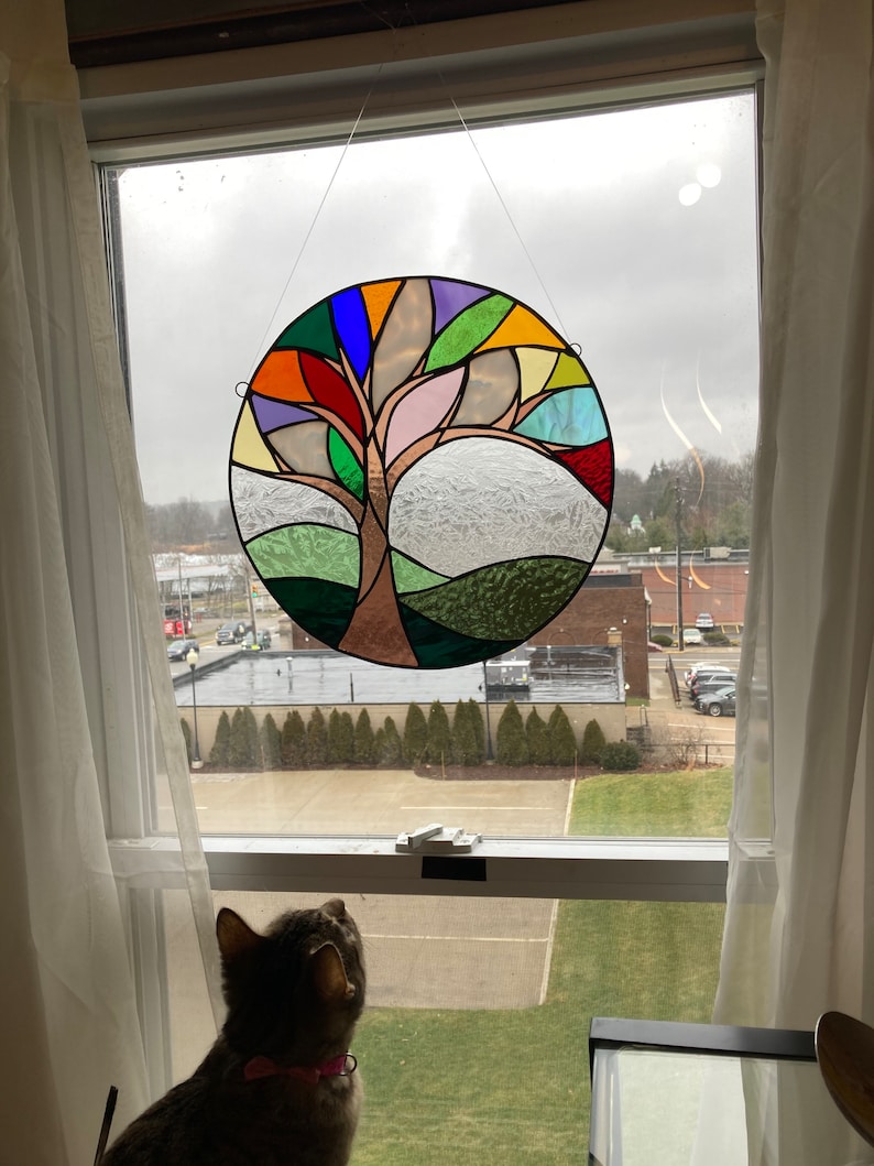 Tree Stained Glass Round Window Panel Suncatcher Multicolored - Etsy