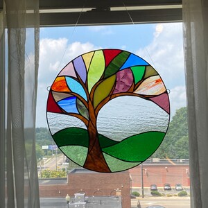Tree Stained Glass Round Window Panel Suncatcher Multicolored Glass ...
