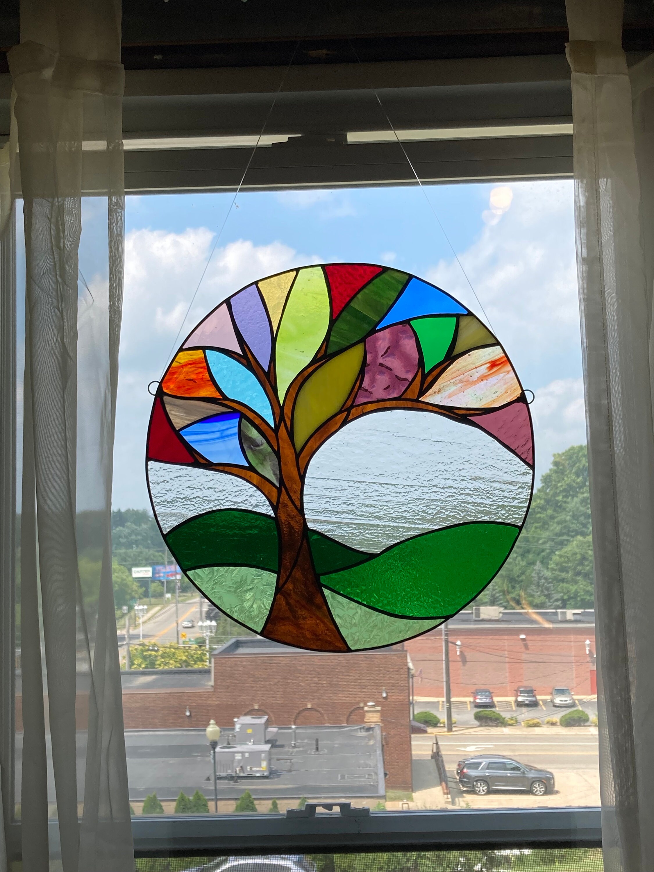 Tree Stained Glass Round Window Panel Suncatcher Multicolored Glass ...