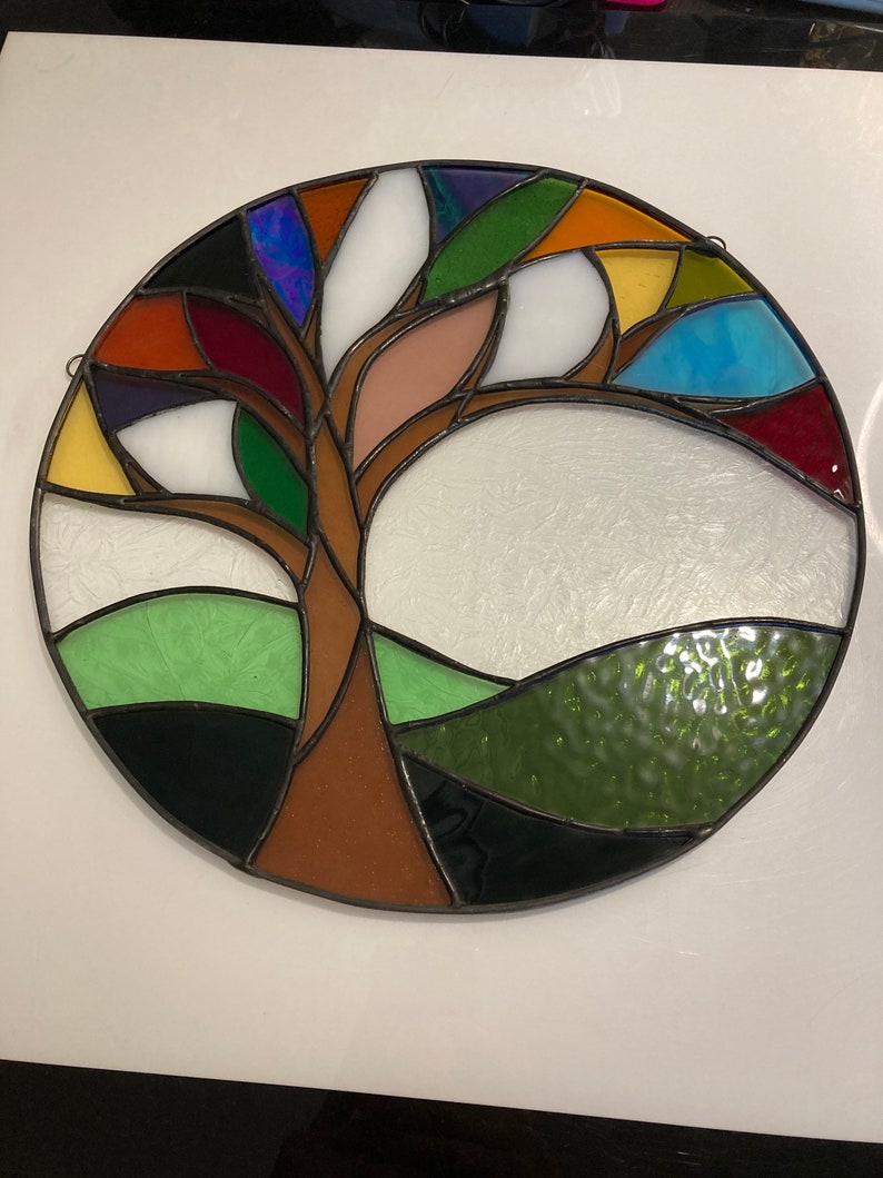 Tree Stained Glass Round Window Panel Suncatcher Multicolored - Etsy