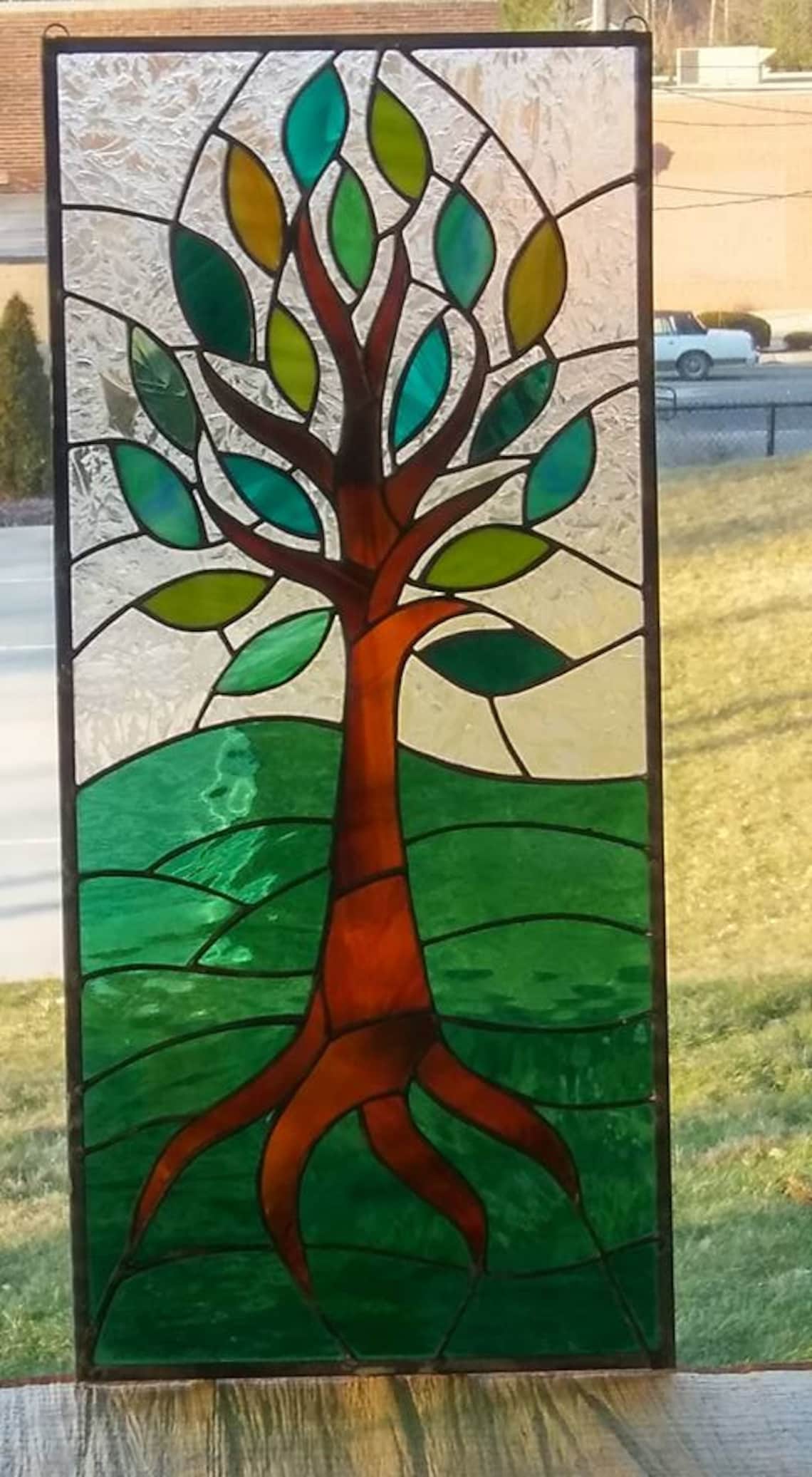Stained Glass Tree Window Panel Suncatcher Studio Hand Crafted USA - Etsy