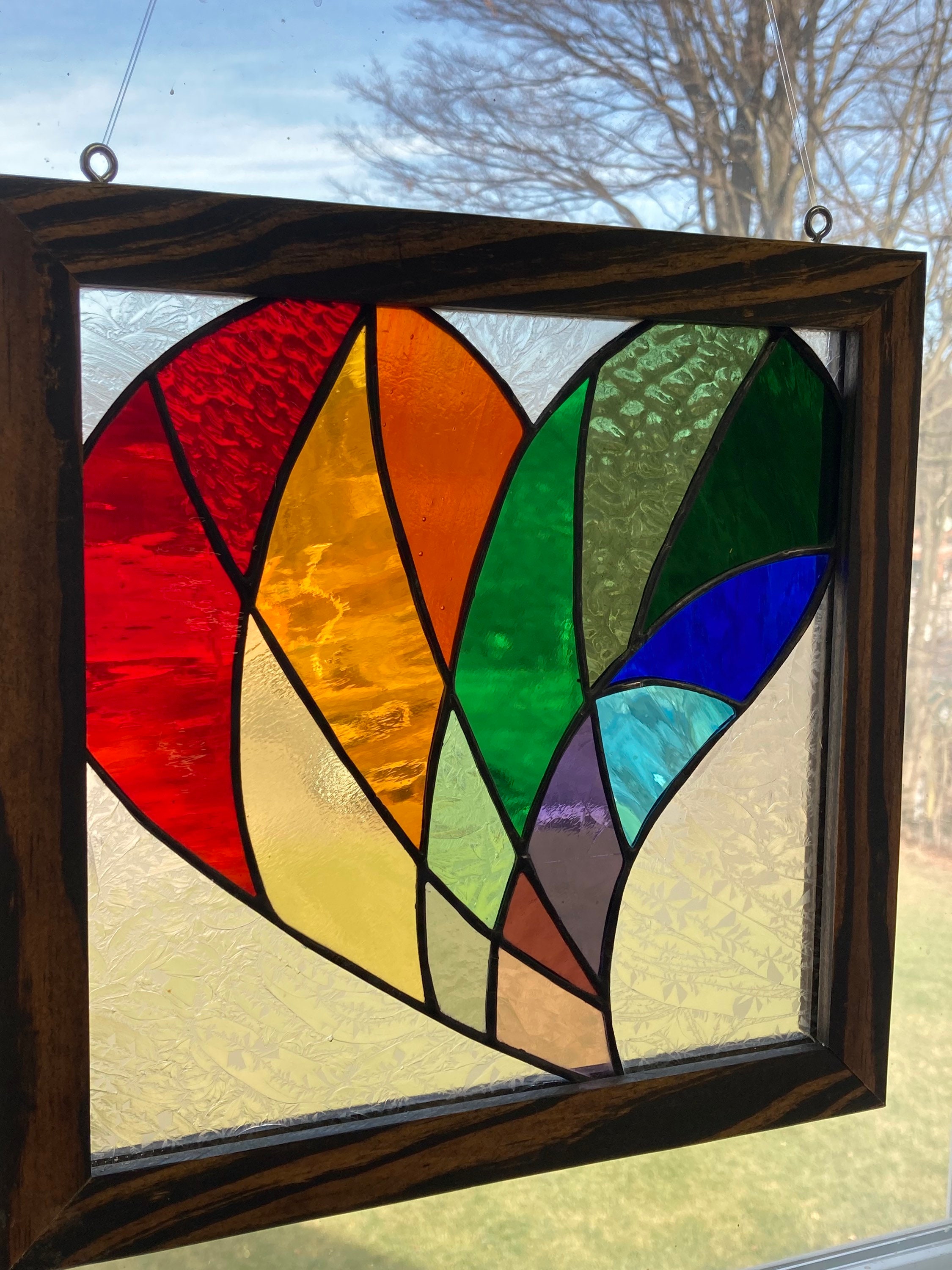 Stained Glass Heart Panel Suncatcher Wood Frame Hand Crafted Usa - Etsy