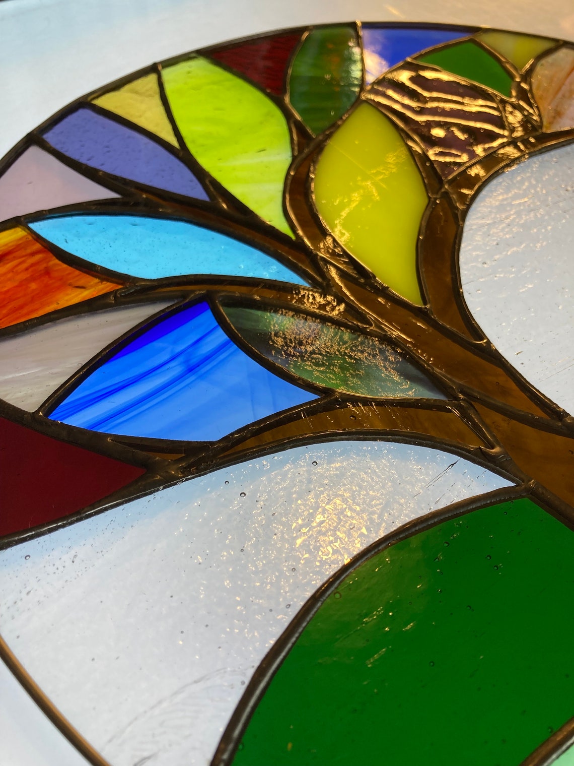 Tree Stained Glass Round Window Panel Suncatcher Multicolored Glass ...