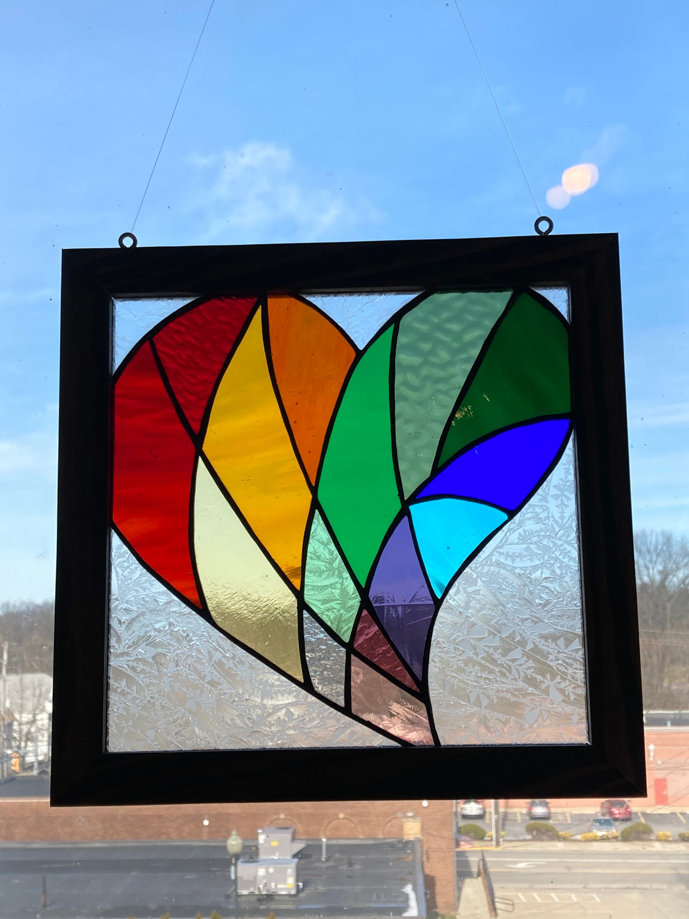 Stained Glass Heart Panel Suncatcher Wood Frame Hand Crafted Usa - Etsy