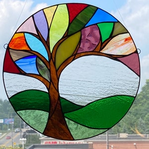 Tree Stained Glass Round Window Panel Suncatcher Multicolored Glass ...