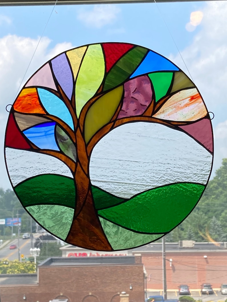 Tree Stained Glass Round Window Panel Suncatcher Multicolored Glass ...