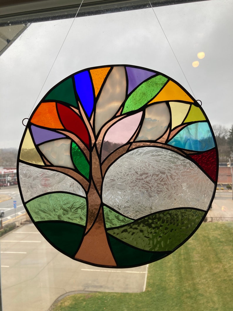 Tree Stained Glass Round Window Panel Suncatcher Multicolored - Etsy