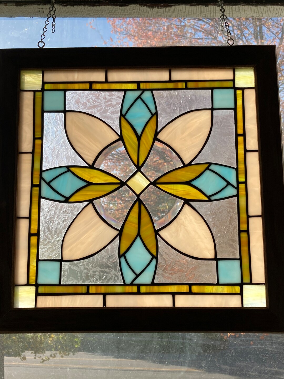 Stained Glass Rosebuds Tiffany Window Panel in Solid Wood Frame ...