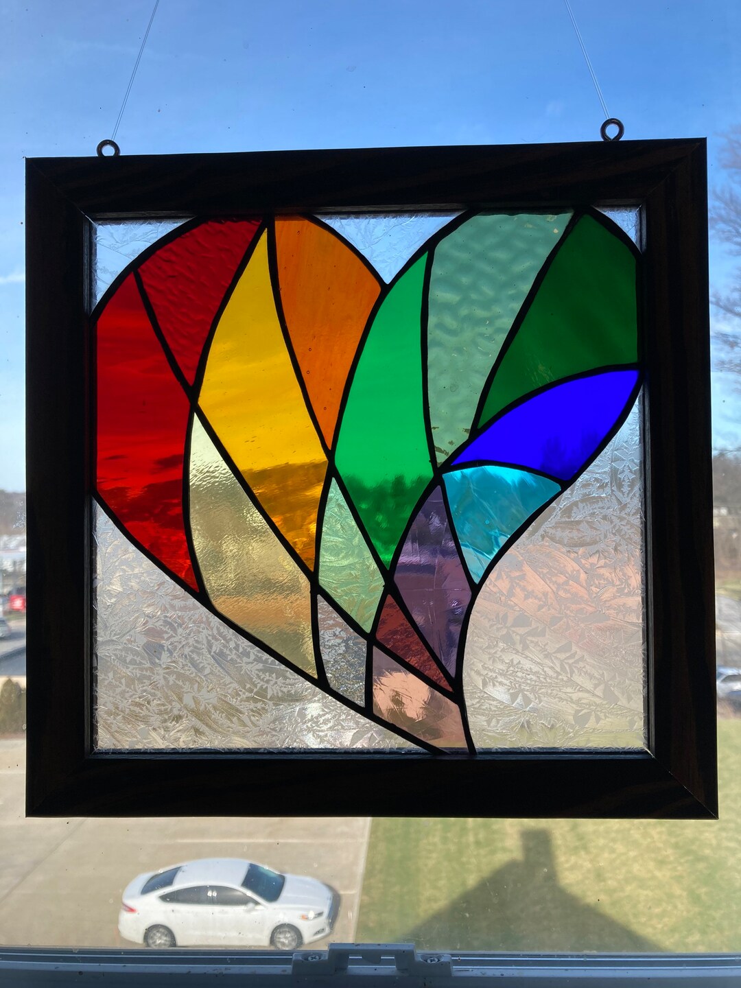 Stained Glass Heart Panel Suncatcher Wood Frame Hand Crafted Usa - Etsy