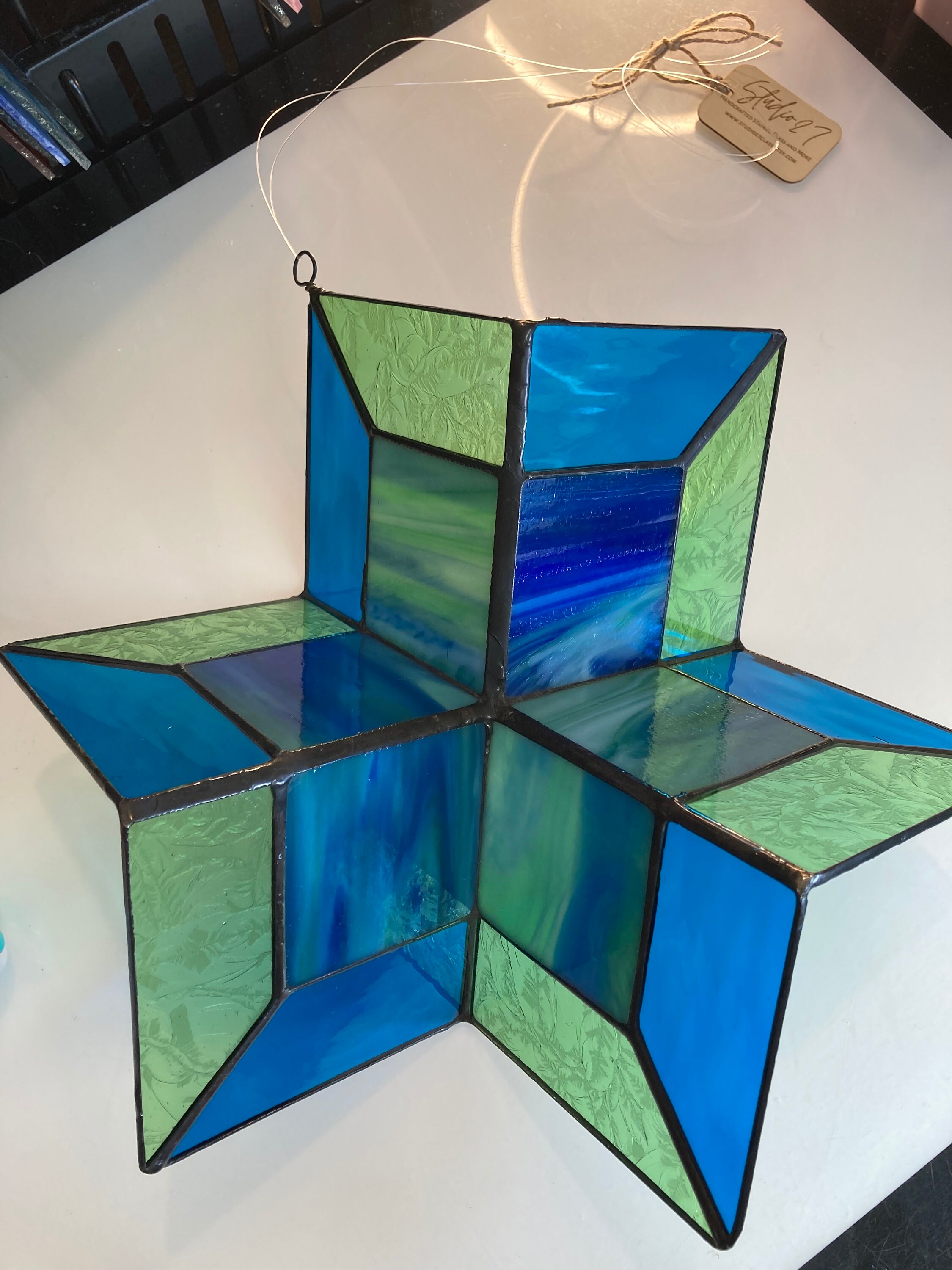 Stained Glass Wind Spinner Green and Blue USA Handcrafted by Studio 27 ...