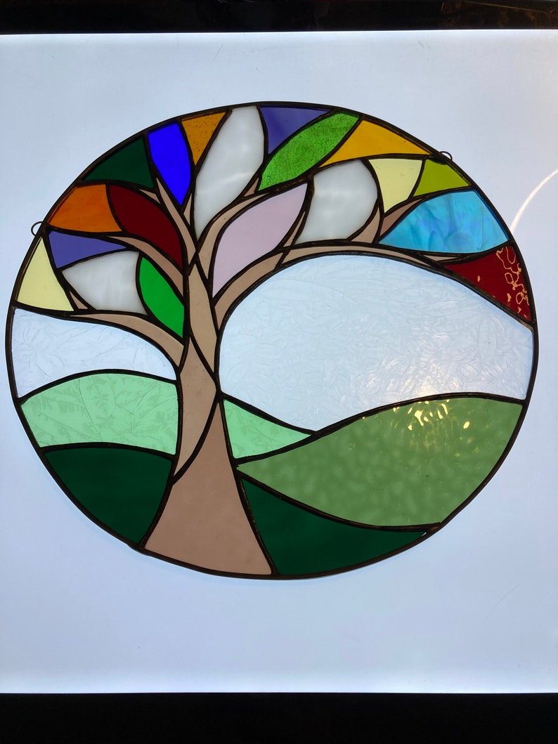 Tree Stained Glass Round Window Panel Suncatcher Multicolored - Etsy
