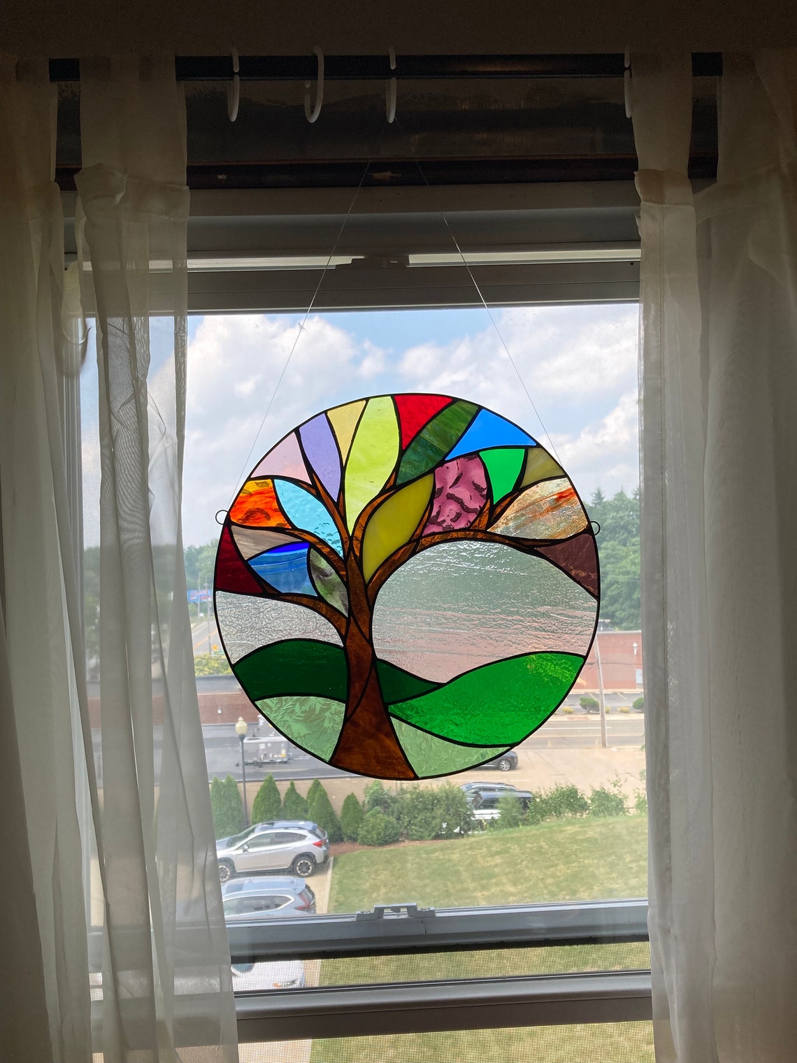 Tree Stained Glass Round Window Panel Suncatcher Multicolored Glass ...