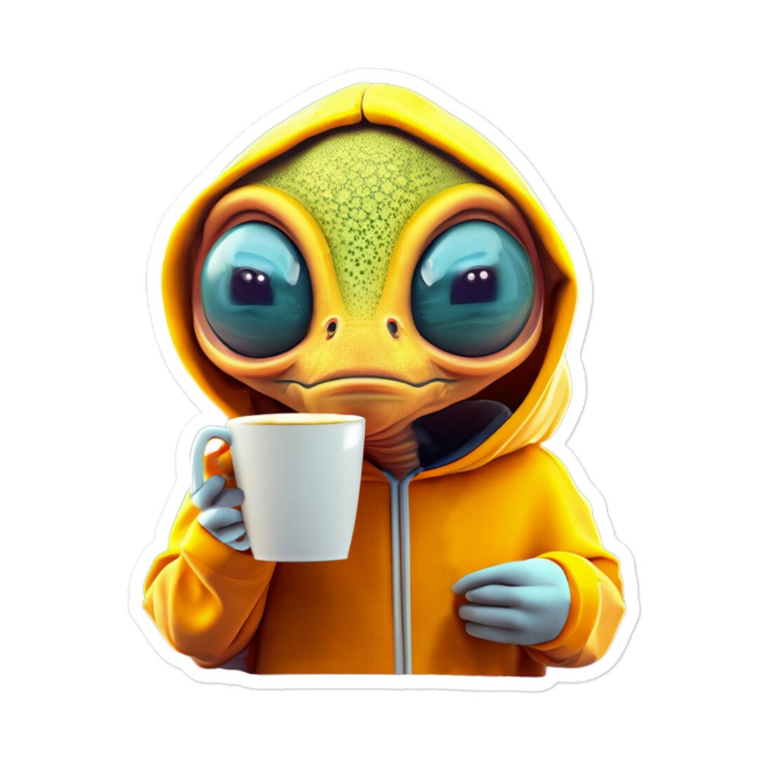 Vinyl Sticker - Café Critters : Alien Brew V01 - Alien in Orange Hoodie ...