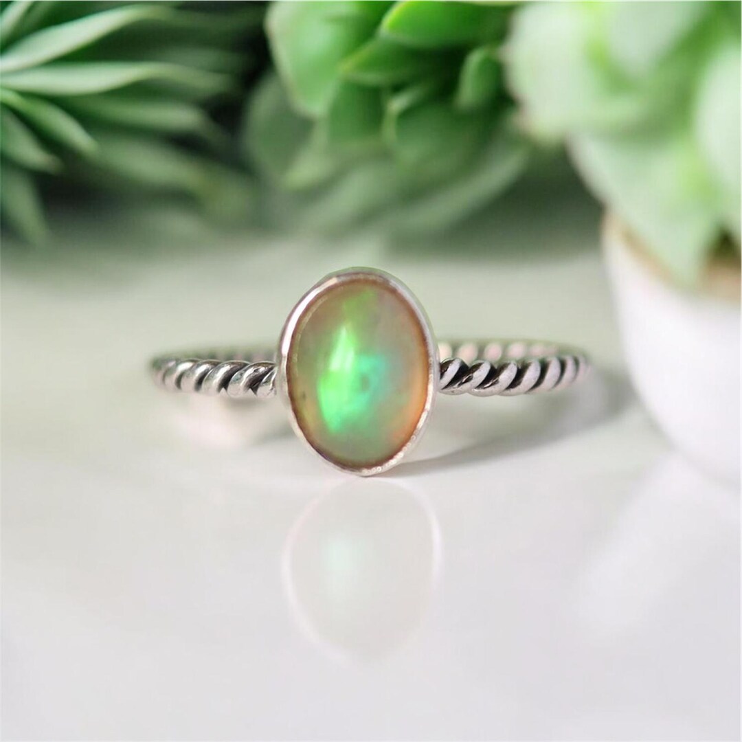 African Opal Ring, Twisted Silver Band, Fire Opal Gemstone, Handmade Ring, October Birthstone ...