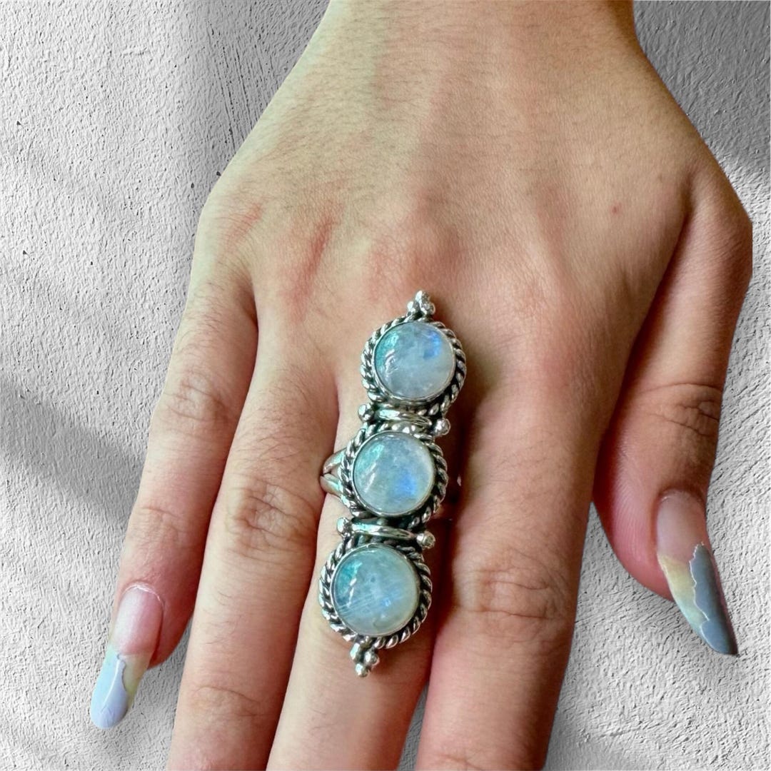 Three Moonstone Ring, Round Moonstone Gemstone, June Birthstone ...