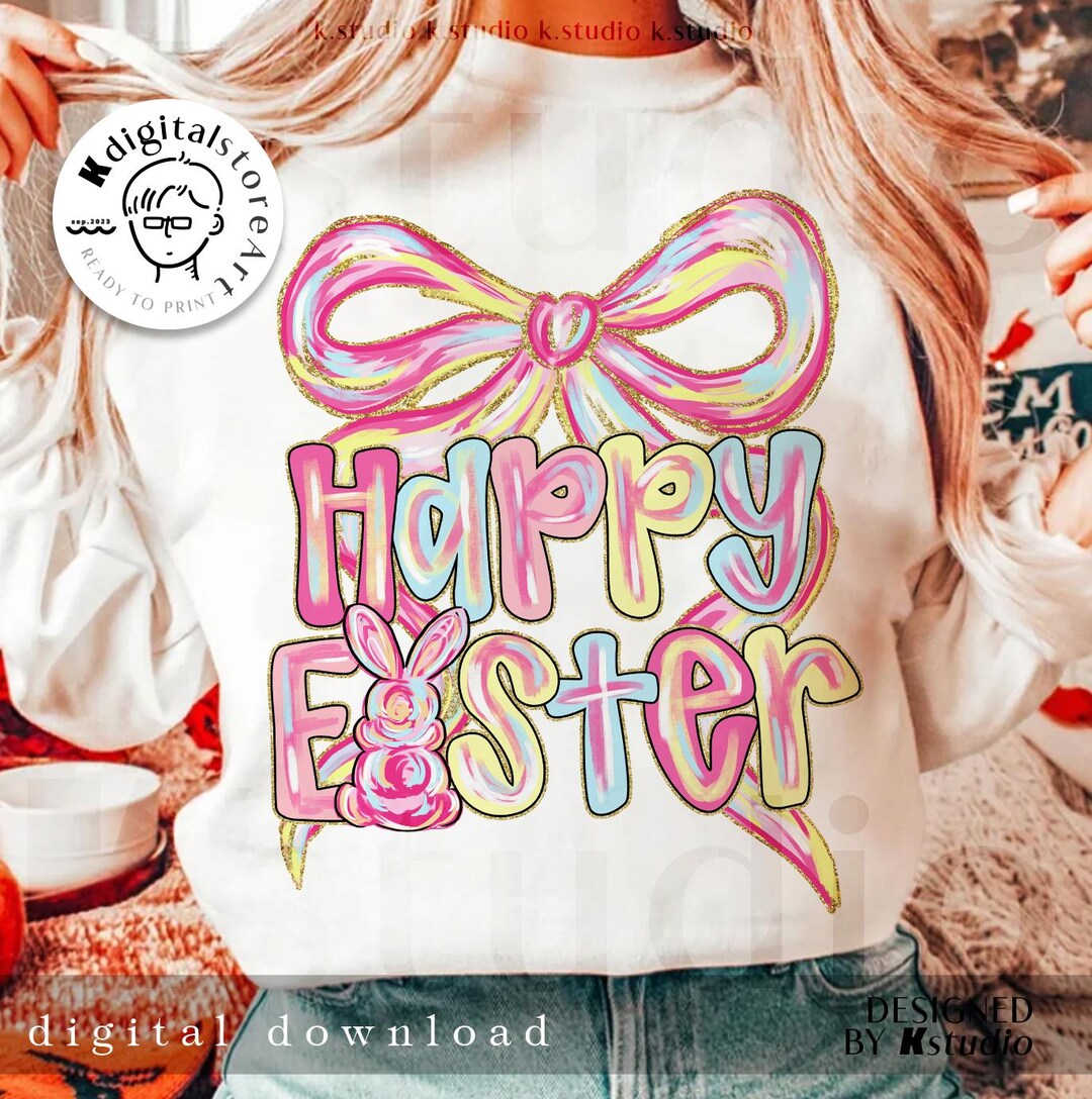 Preppy Happy Easter Png, Glitter Easter Bunny Coquette Png, Bunny ...
