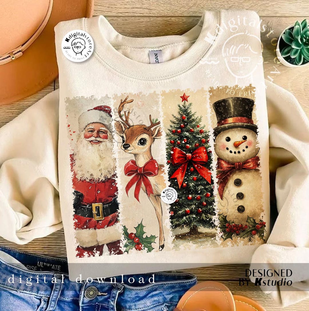 Retro Christmas Santa Reindeer Snowman, Girly Christmas Design ...