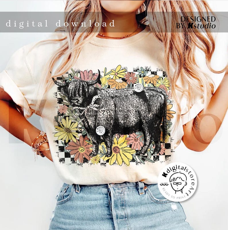 Checkerboard Wildflower Highland Cow Png, Western Cow Mama Png, Cow ...