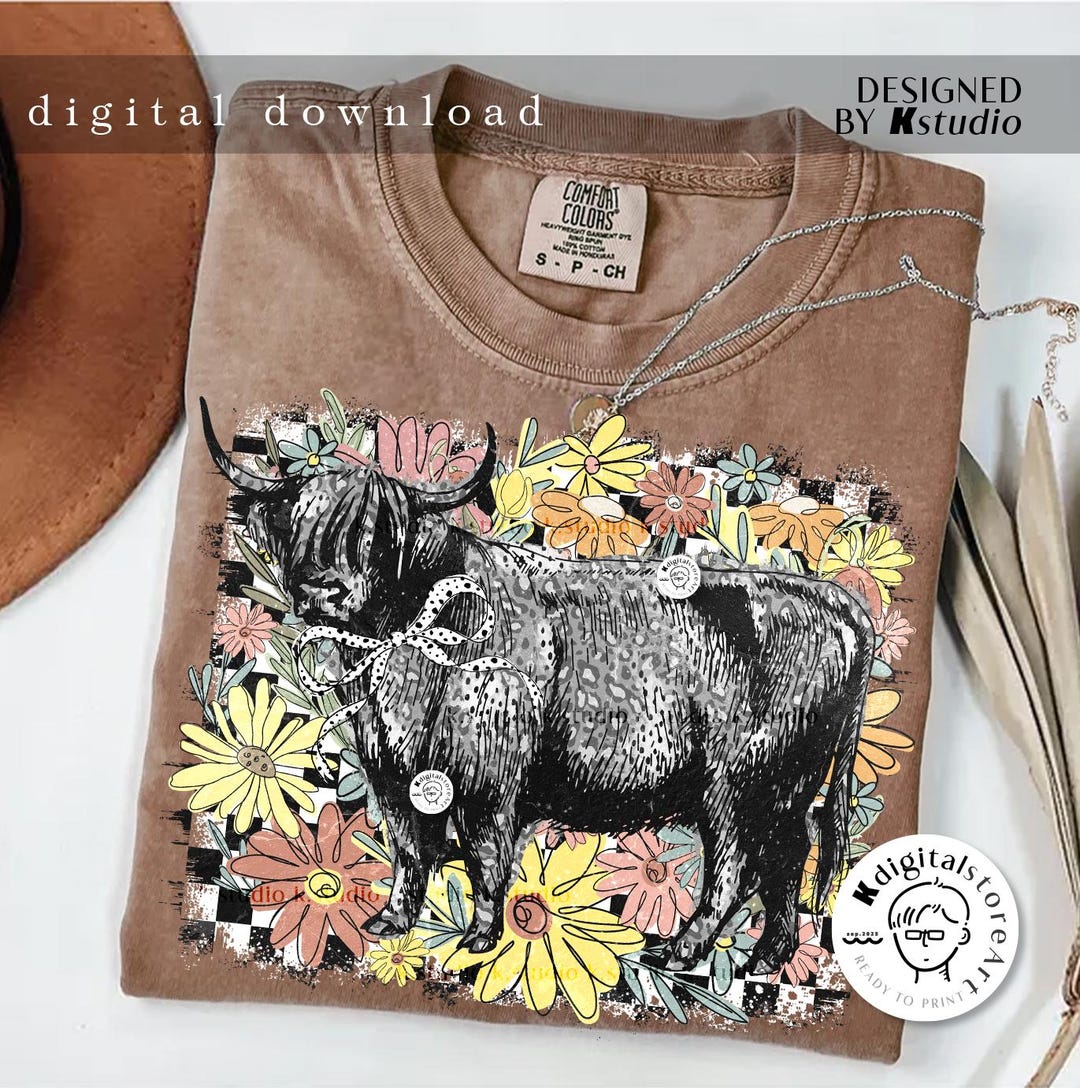 Checkerboard Wildflower Highland Cow Png, Western Cow Mama Png, Cow ...