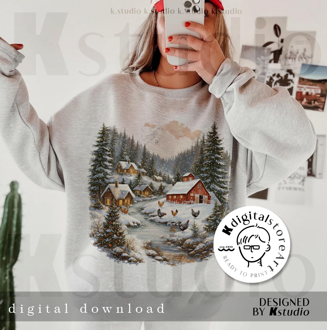 Retro Winter Farm Scene PNG, Vintage Snowy Christmas Barn Design ...