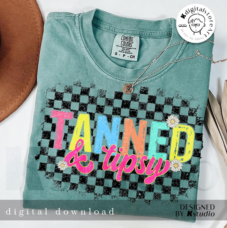 Tanned & Tipsy Shirt Design, Checkerboard Summer Vibes (digital ...