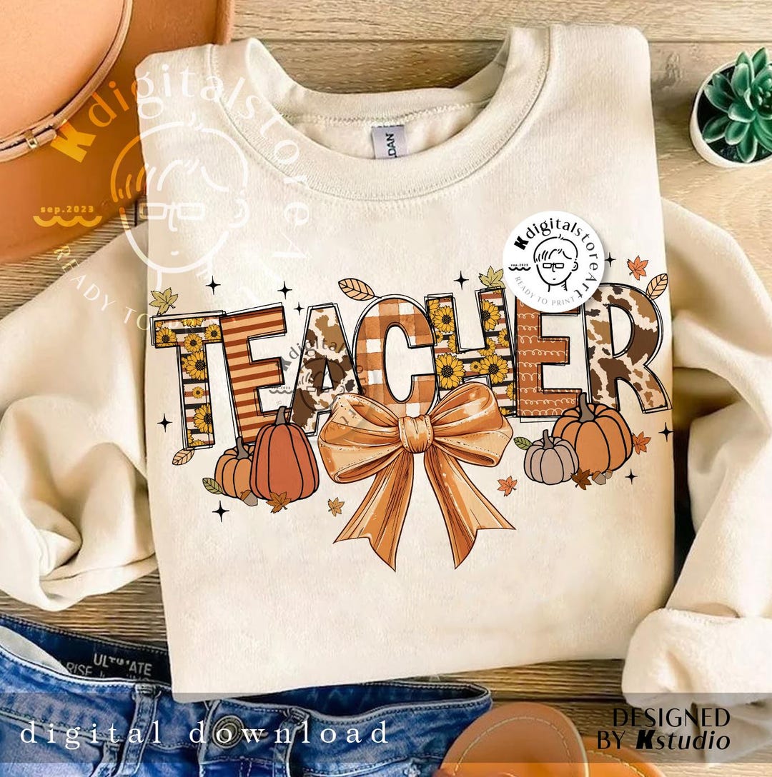 Retro Fall Teacher Png, Fall Pumpkin Bow Png, Fall PNG, Fall Teacher ...