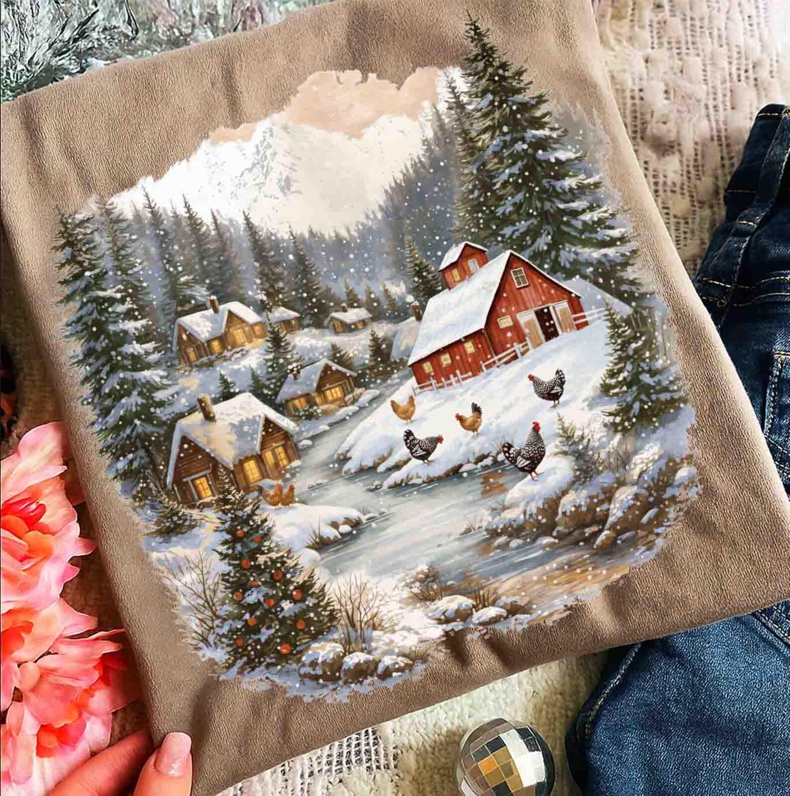 Retro Winter Farm Scene PNG, Vintage Snowy Christmas Barn Design ...