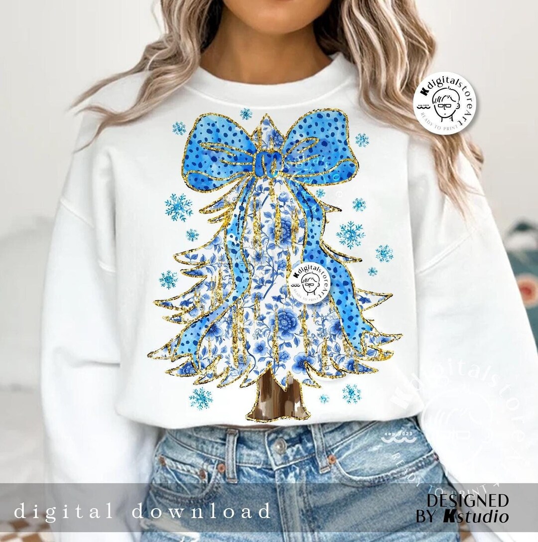 Glitter Blue Toile Christmas Tree Png, Christmas Blue Toile Bow Png ...